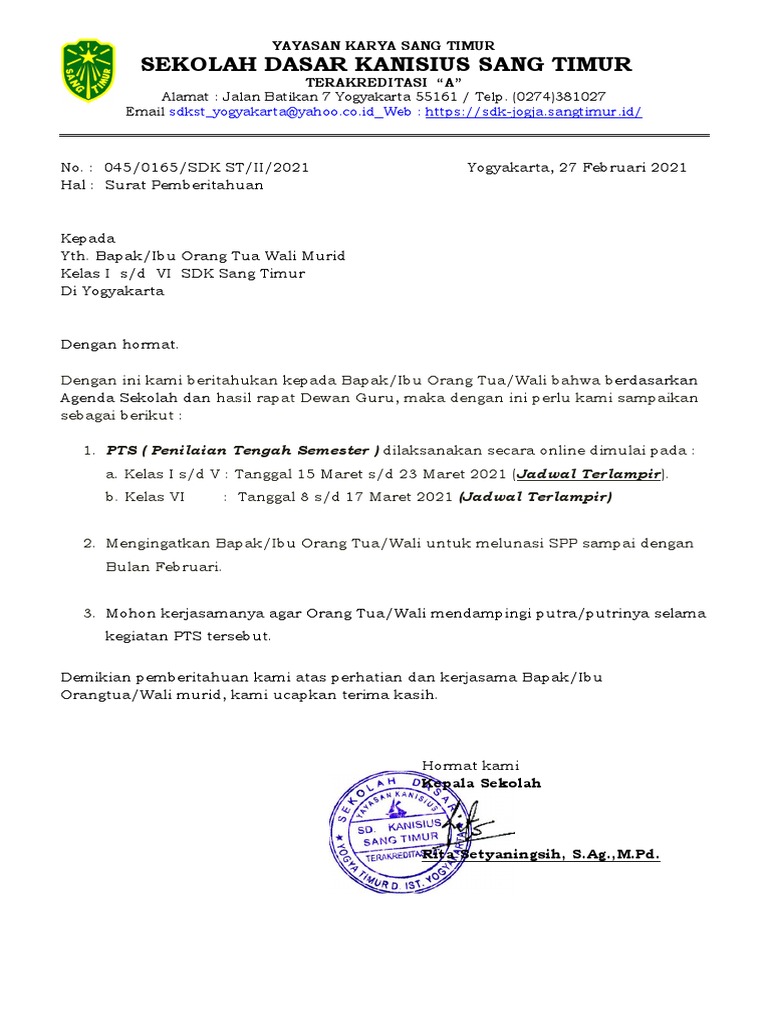 Surat Pemberitahuan PTS Sem II 2020 2021 | PDF
