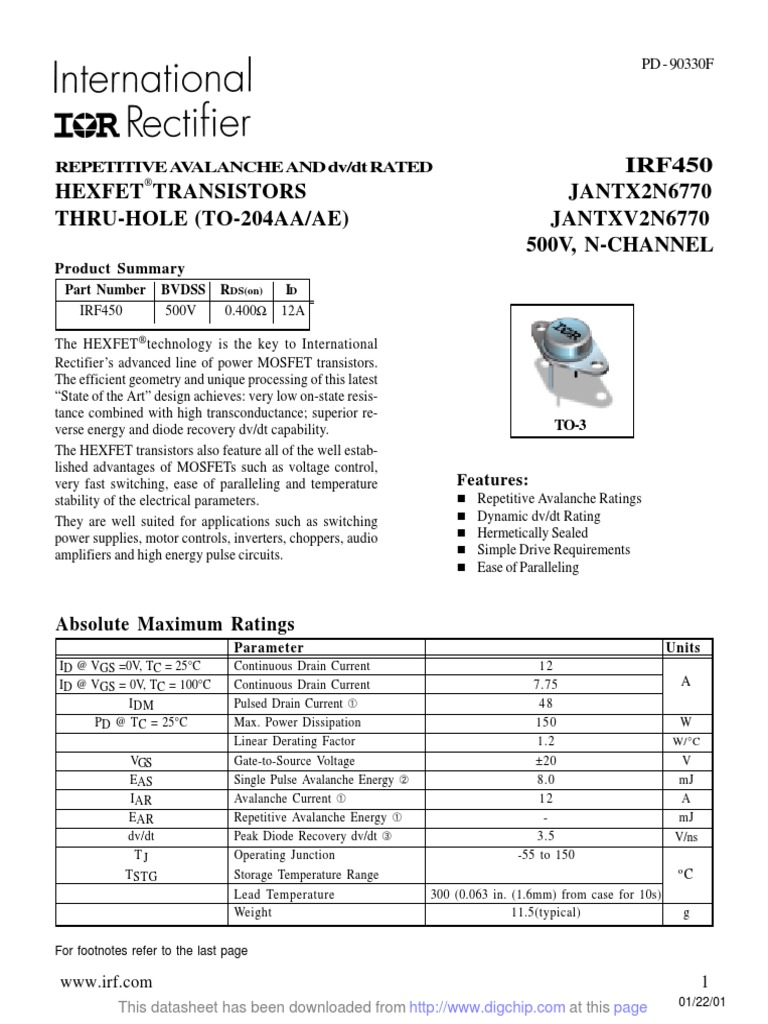 IRF450 HEXFET Transistor Datasheet | PDF | Field Effect Transistor ...