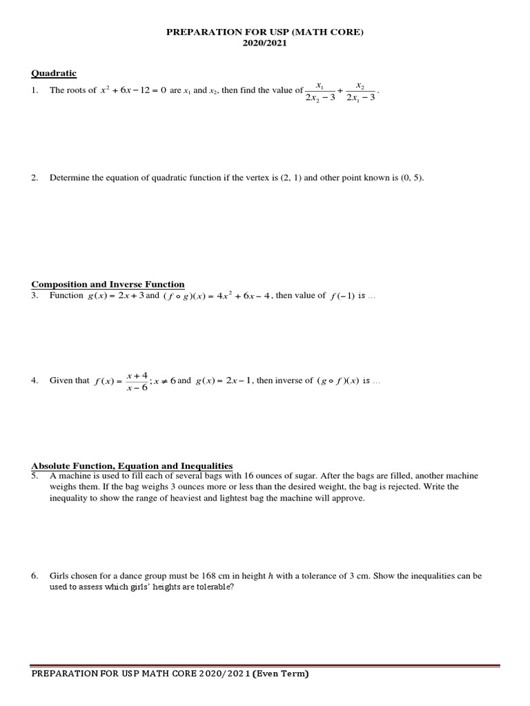 PREPARATION FOR USP MATH CORE 2020/2021 (EVEN TERM): A COMPREHENSIVE ...