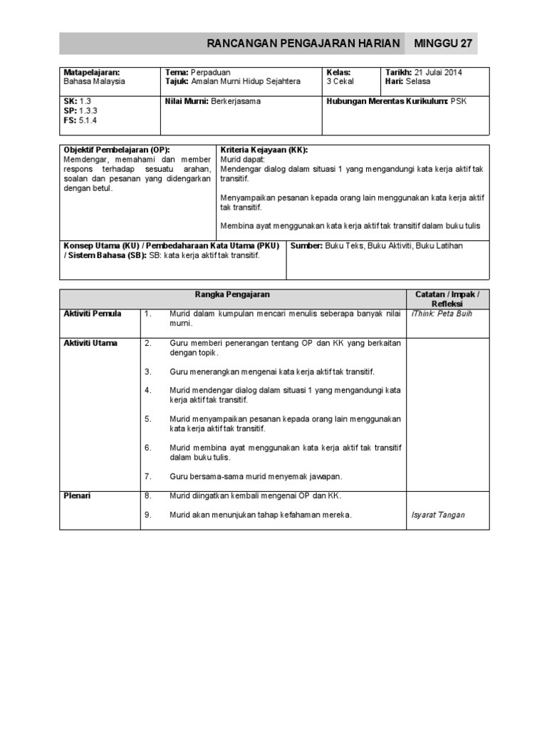 Contoh RPH BM t3 Sekolah Amanah | PDF