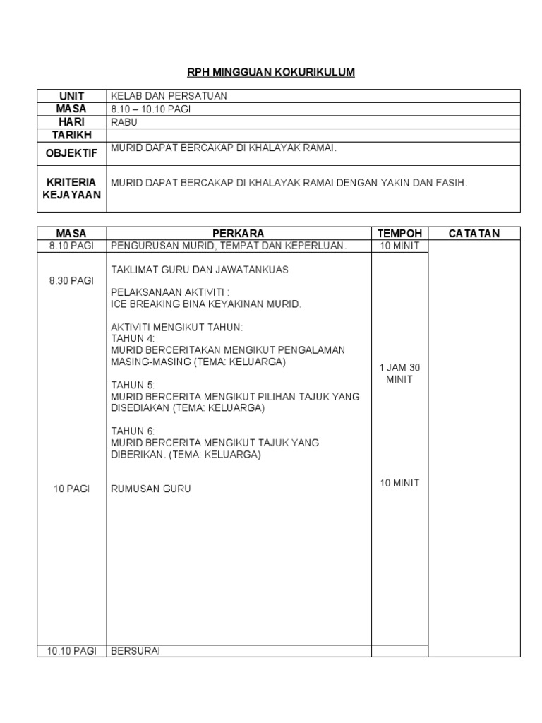 RPH Mingguan Kokurikulum Ucapan Awam | PDF
