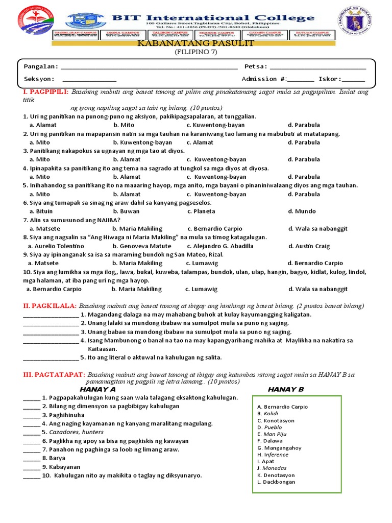 Fil 7 Chapter Test (3rd Quarter) | PDF