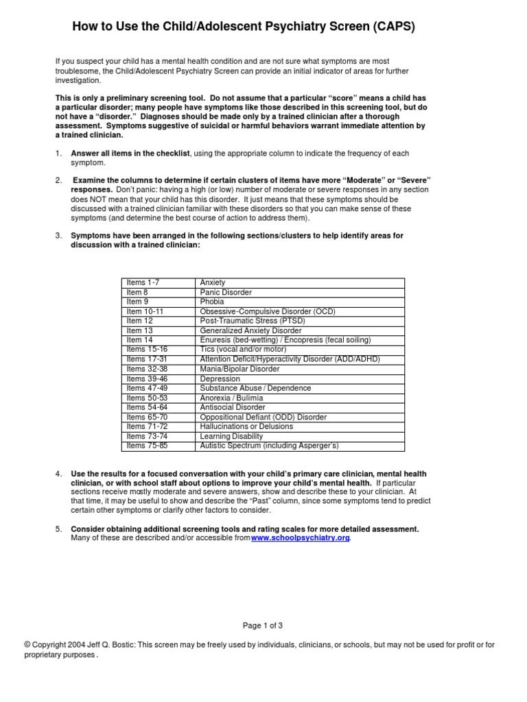 How To Use The Child/Adolescent Psychiatry Screen (CAPS) | PDF | Mental ...