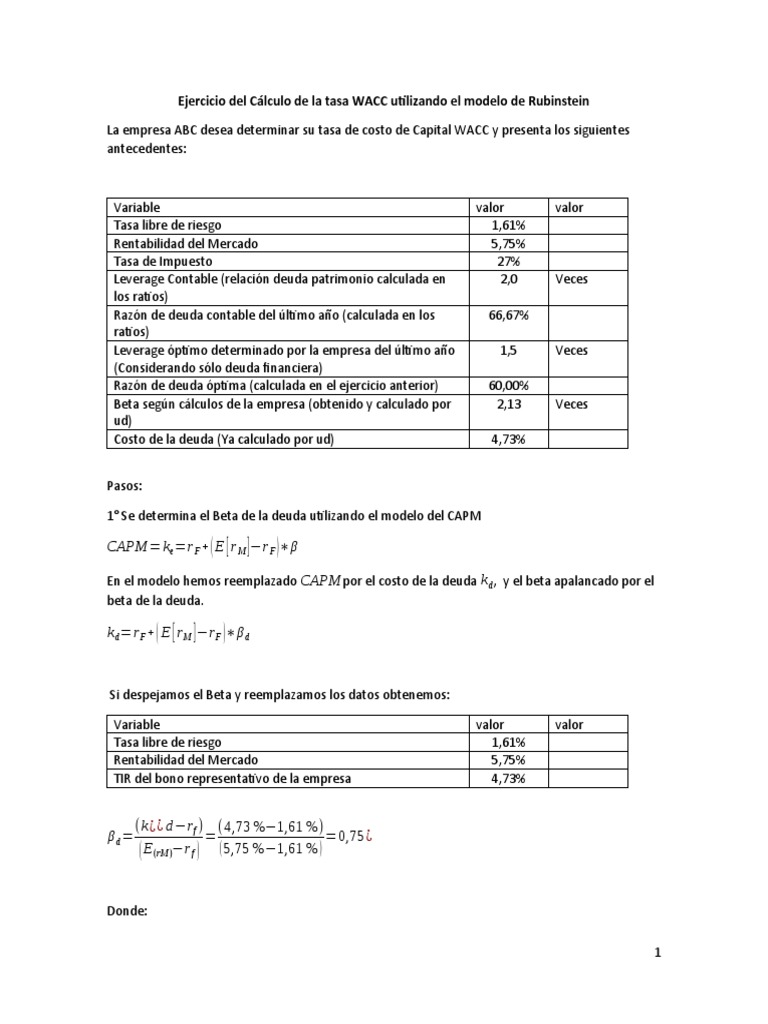 Ejemplo Cálculo Wacc Con Beta Desapalancado | PDF | Deuda | Microeconomía