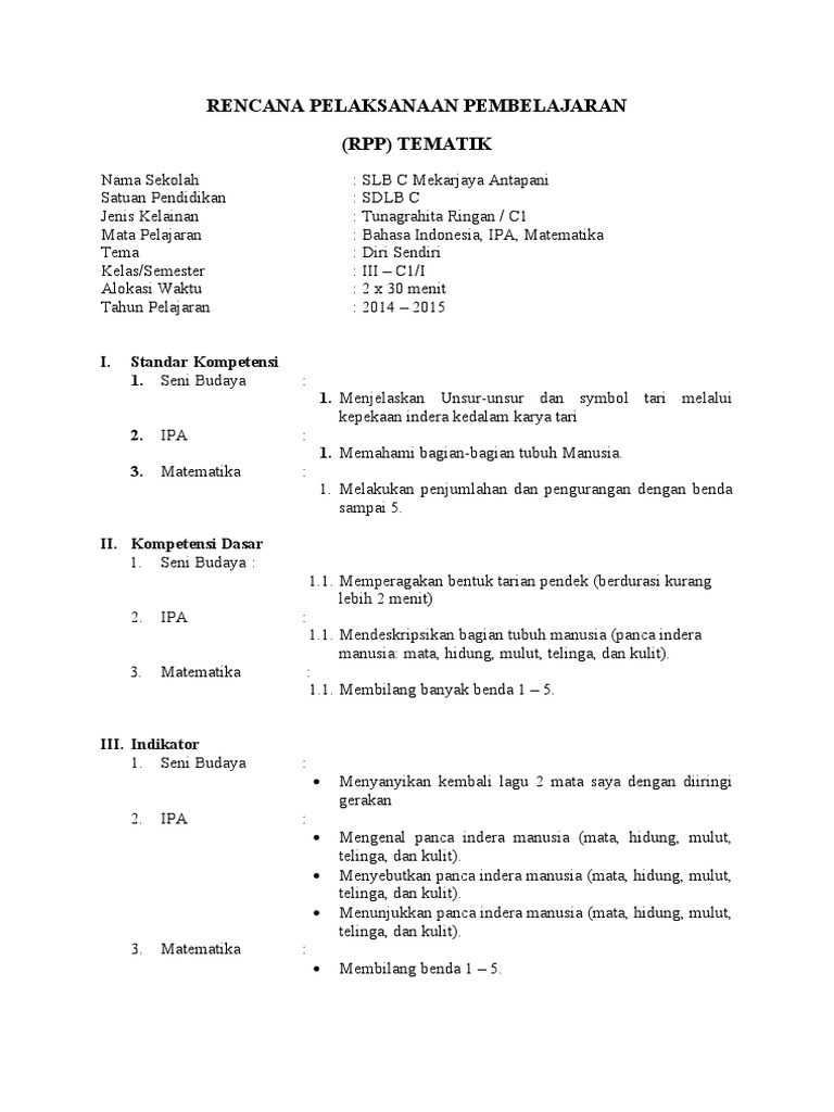RPP Tematik Diri Sendiri | PDF