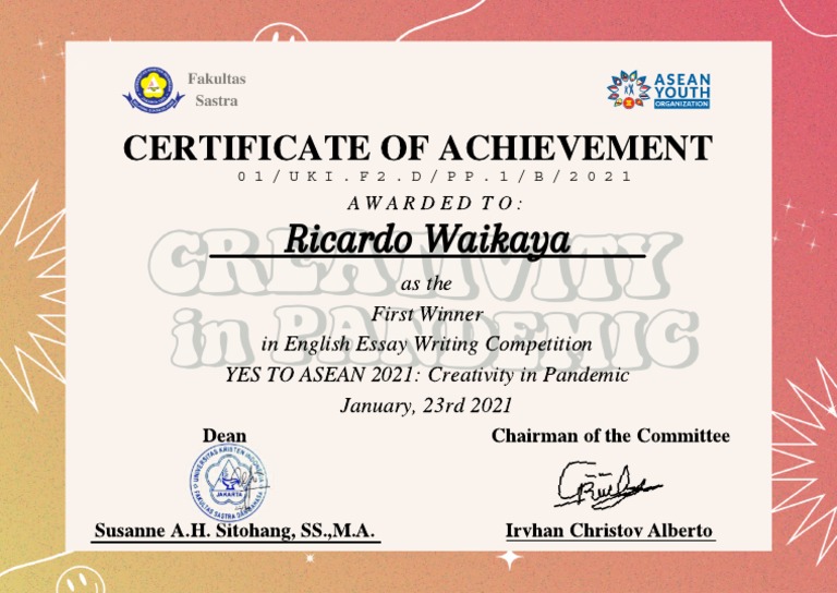 Essay Writing Competition - First Winner Certificate | PDF