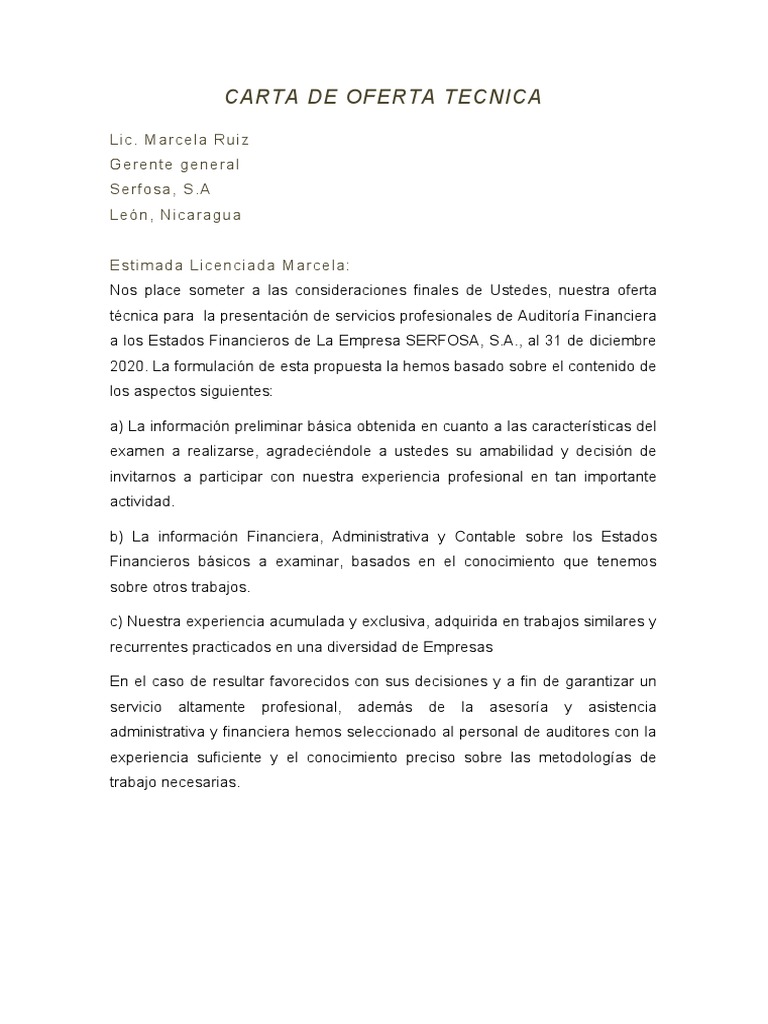 Oferta Técnica de Auditoría SERFOSA S.A. | PDF | Auditoría | Estado ...