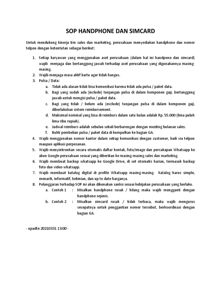 Sop Penggunaan Inventaris Kantor: Handphone Dan Simcard | PDF
