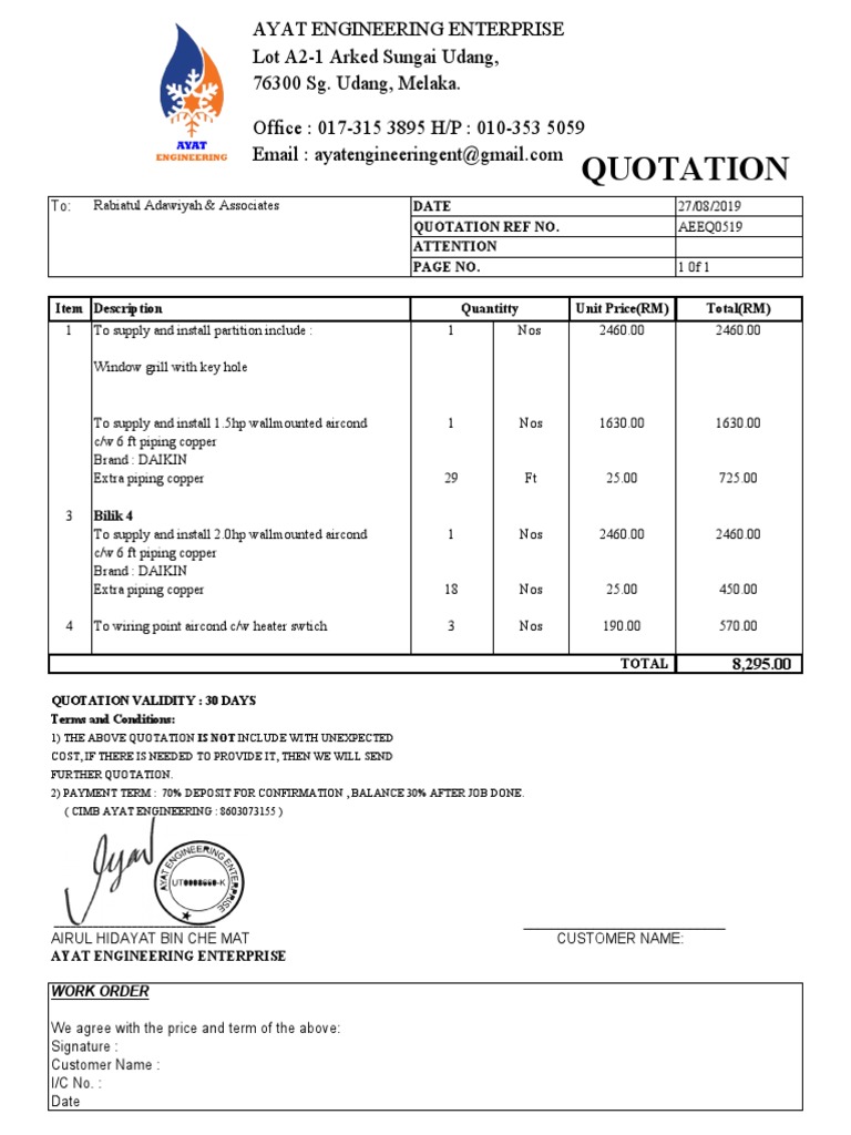 Quotation for Air Conditioning Installation | PDF | Business | Market ...