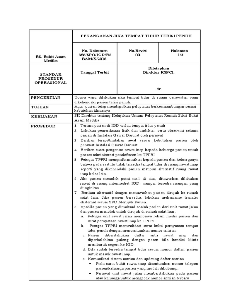 SPO PENANGANAN JIKA TEMPAT TIDUR IGD Dan Ranap Penuh | PDF