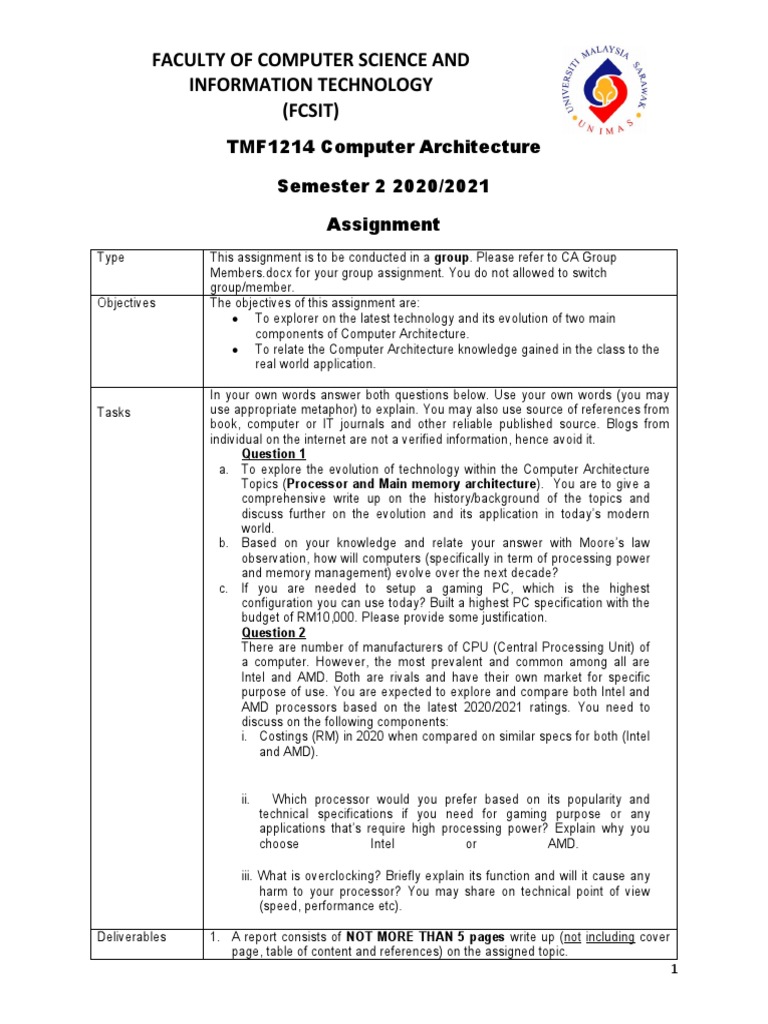 Assignment - TMF1214 Computer Architecture Sem 2 2020 2021 | PDF | Intel | Central Processing Unit