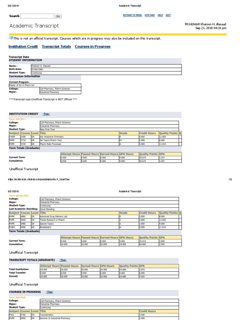 Academic Transcript: Institution Credit Transcript Totals Courses in ...
