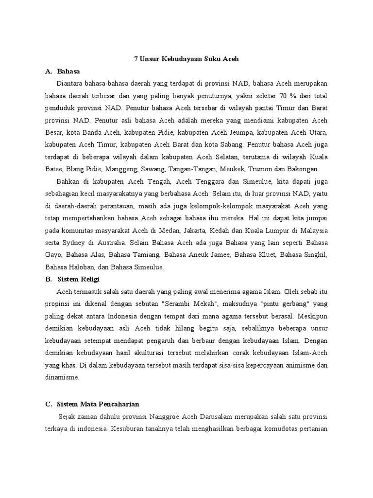 7 Unsur Kebudayaan Suku Aceh | PDF