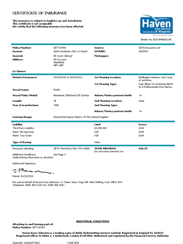 Certificate of Insurance: Ceta Ref | PDF | Underwriting | Insurance