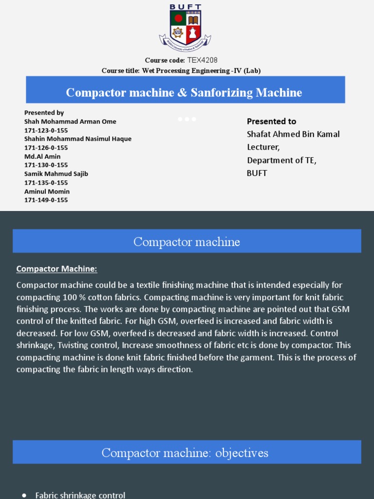 Compactor Machine & Sanforizing Machine: Presented To | PDF | Textiles ...