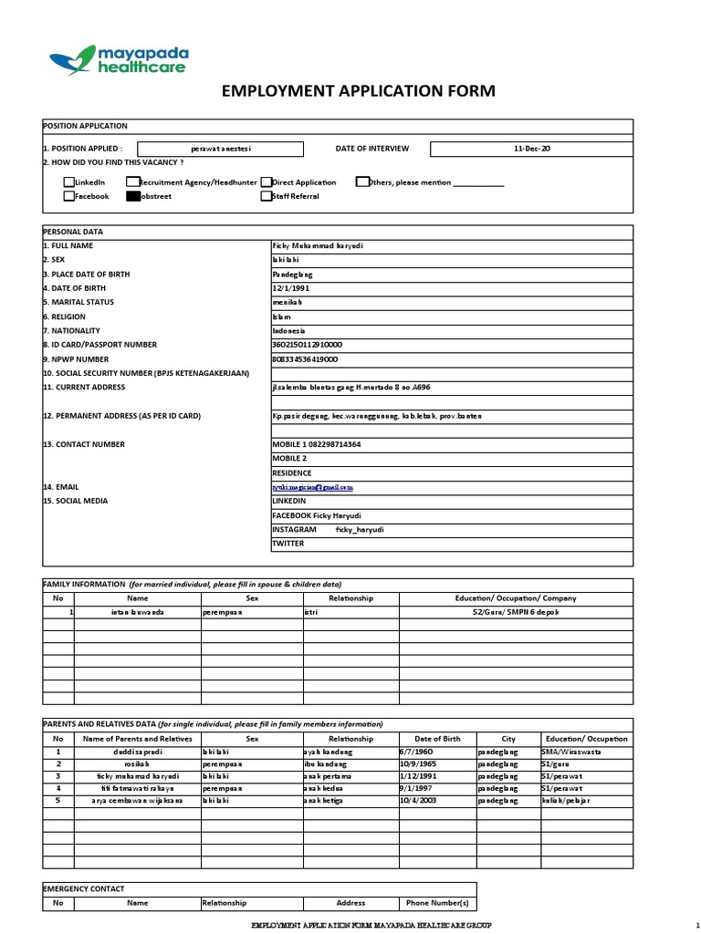NEW Application Form - Mayapada Healthcare Group | PDF | Employment ...