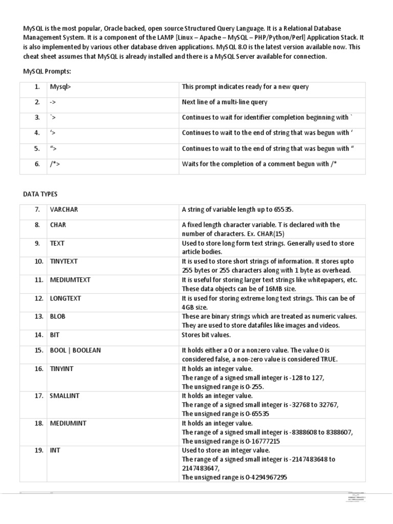MySQL Cheat Sheet | PDF | My Sql | Software Engineering