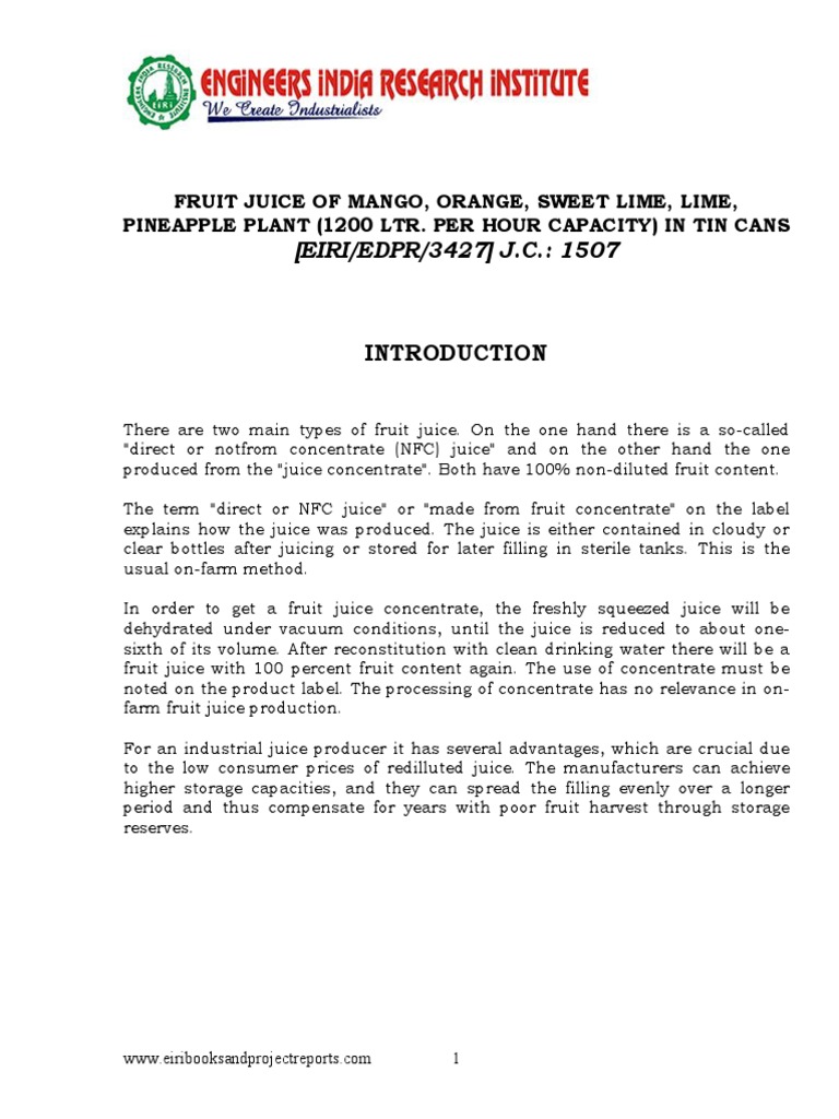 Project Report On Fruit Juice of Mango, Orange, Sweet Lime, Lime ...