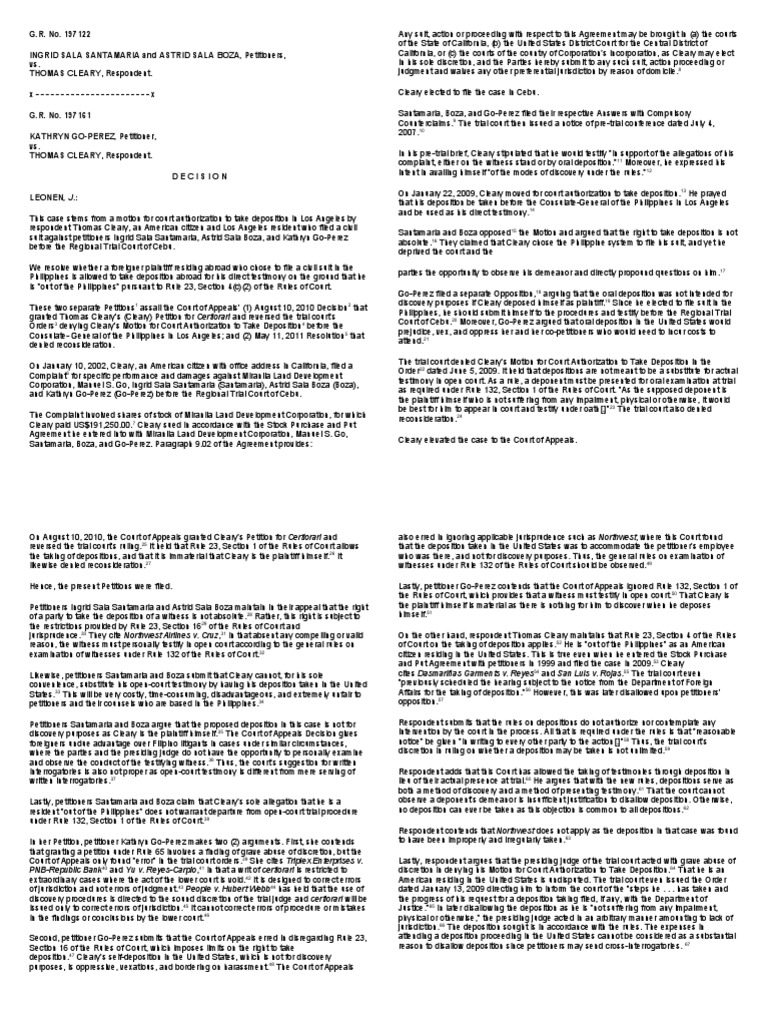 RULE 23 - SANTAMARIA V CLEARY | PDF | Deposition (Law) | Discovery (Law)