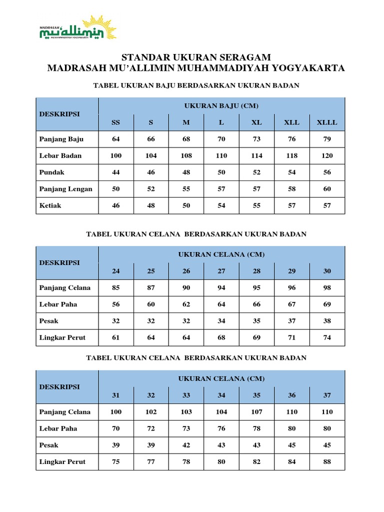 Standar Ukuran Seragam | PDF