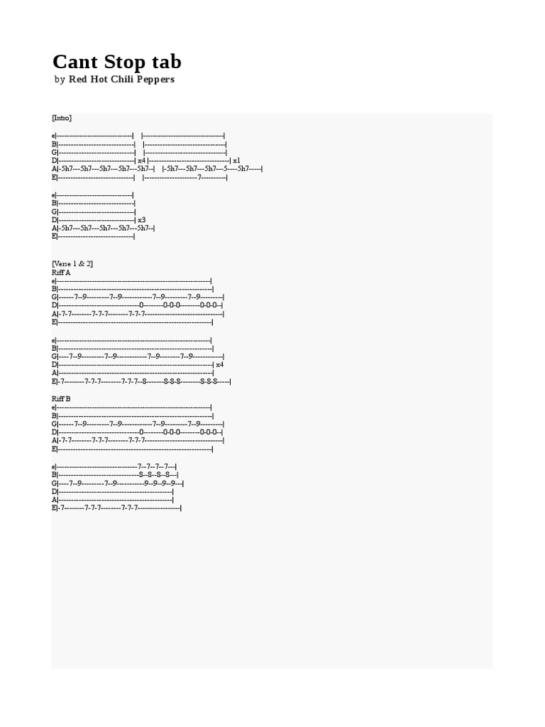 Cant Stop Tab | Download Free PDF | Song Structure | Songs