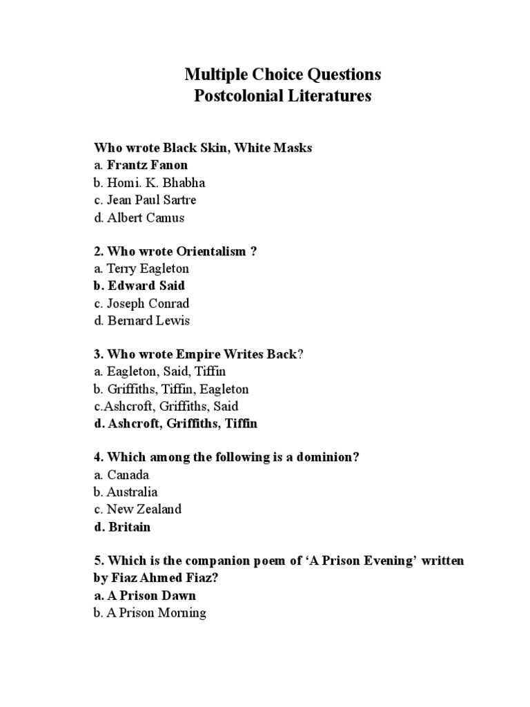 Multiple Choice Questions Postcolonialism | PDF | Poetry | General Fiction