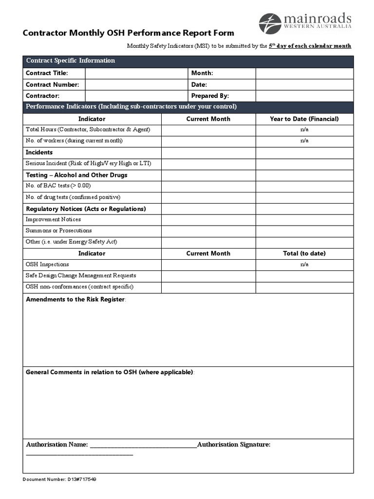 Contractor Monthly OSH Performance Report Form: Contract Specific ...