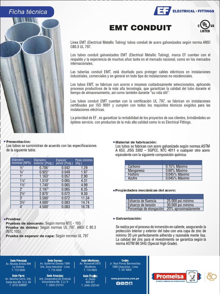 Ficha Técnica Tubería EMT Galvanizada | PDF | Acero | Átomos