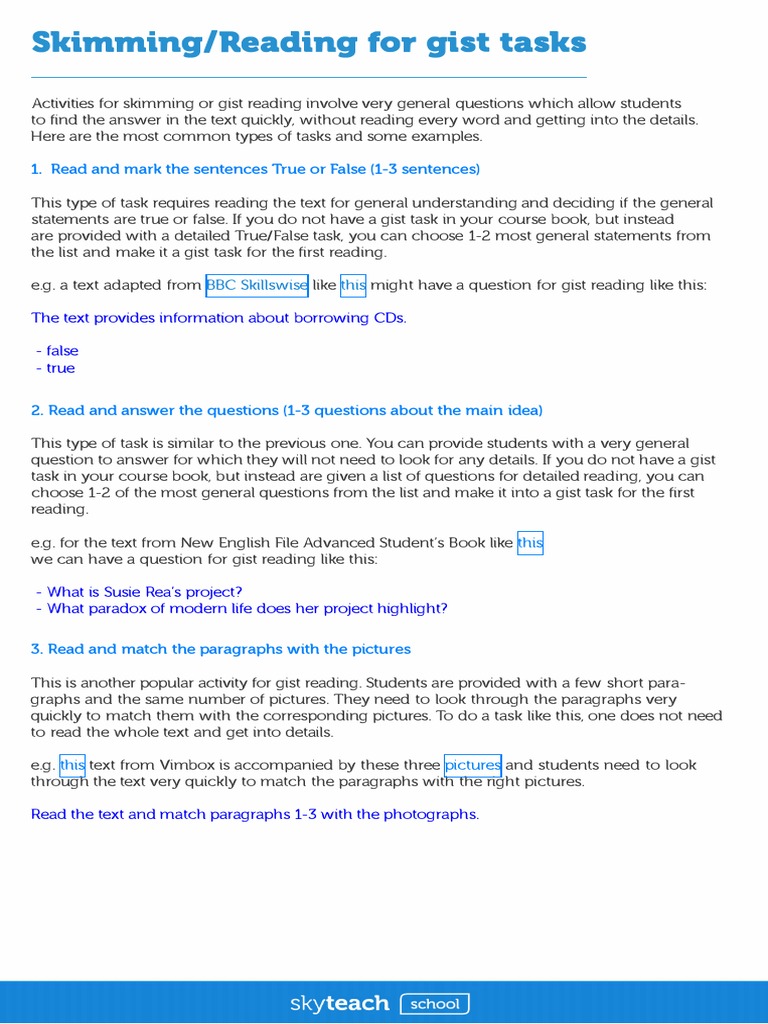 Skimming/Reading For Gist Tasks: Skyteach@oill | PDF | Speed Reading | Question