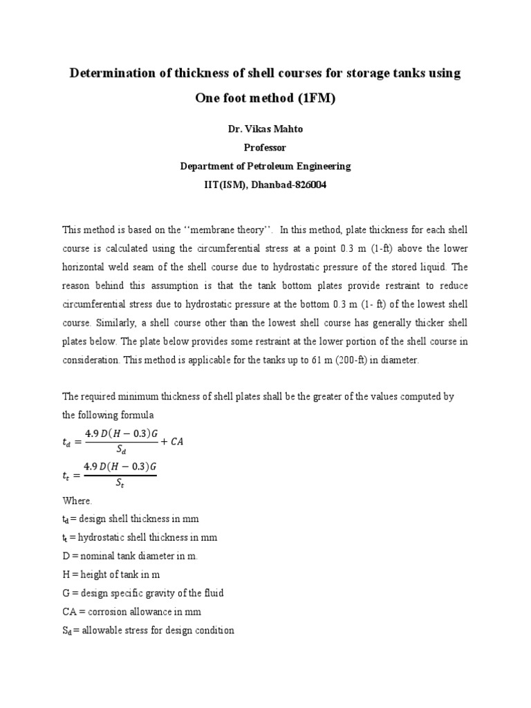 Determination of Thickness of Shell Courses For Storage Tanks Using One ...