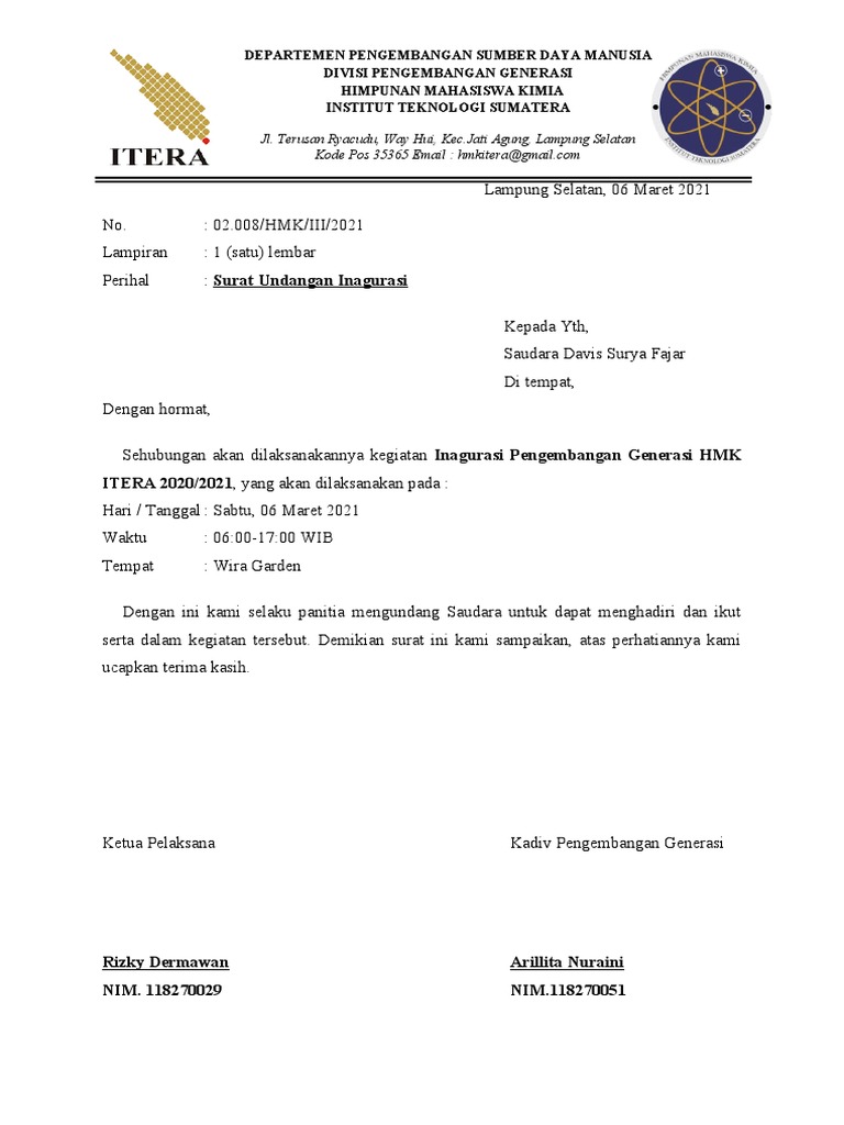 Undangan Inagurasi HMK ITERA 2021 | PDF