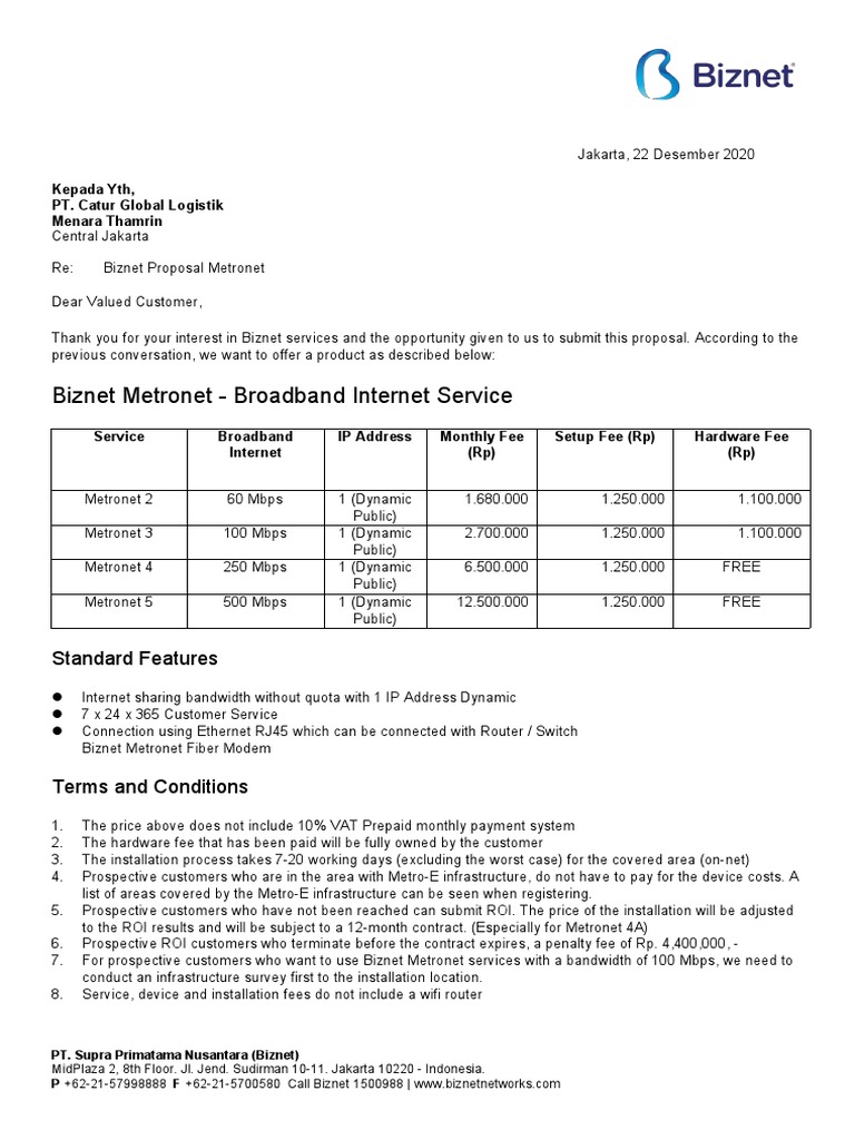 Biznet Metronet Proposal Details | PDF | Internet Access | Internet ...