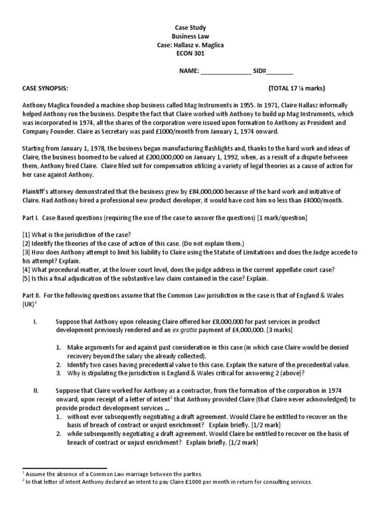 Case Study Business Law Case: Hallasz v. Maglica ECON 301 NAME: - SID ...