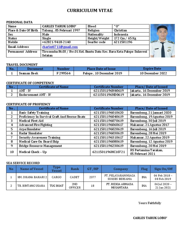 Seafarer Curriculum Vitae: Carles Taruk Lobo' | PDF | Watercraft | Ships