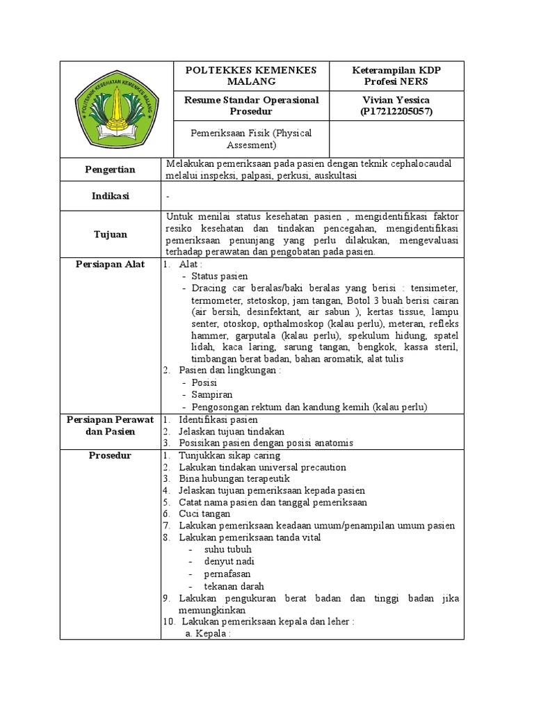 Resume SOP Pemeriksaan Fisik (Head To Toe) | PDF