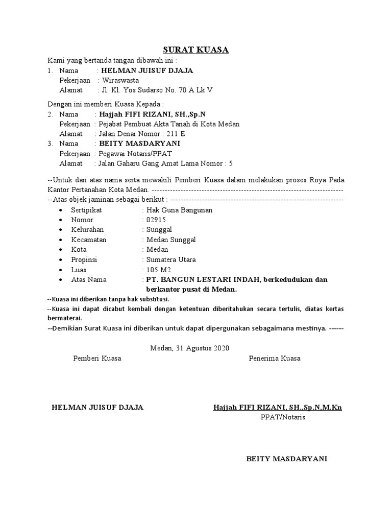 Surat Kuasa Roya Pt. Bangun Lestari Indah | PDF