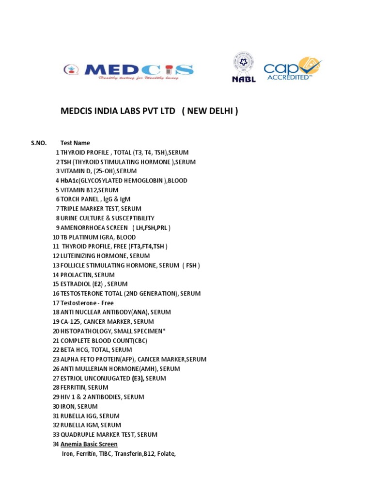 Rate List Medcis Lab | PDF | Luteinizing Hormone | Cholesterol