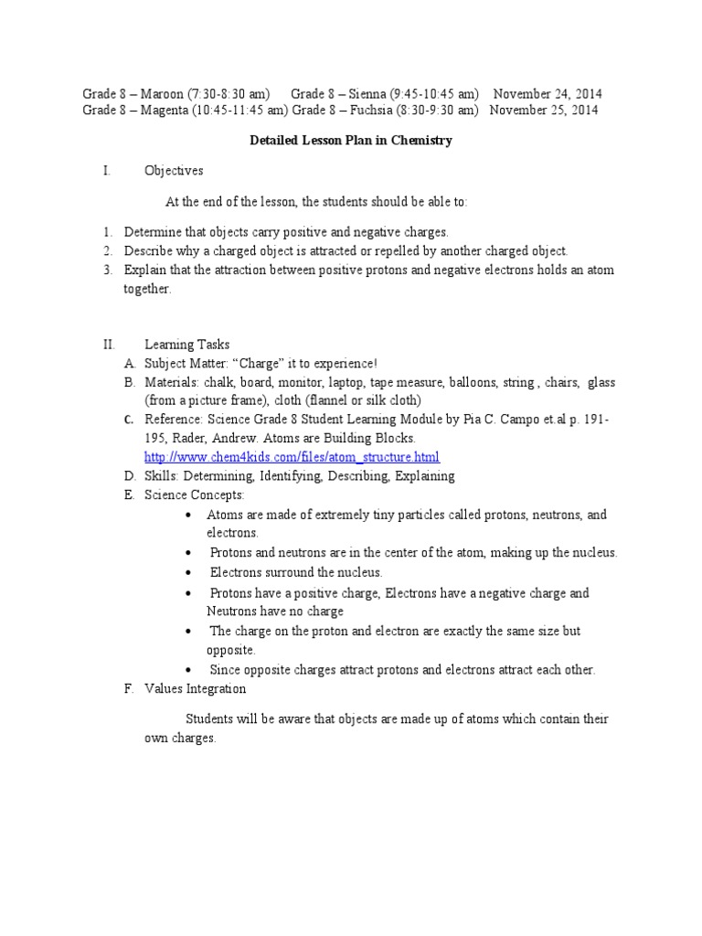 Detailed Lesson Plan in Chemistry | PDF | Electric Charge | Atoms