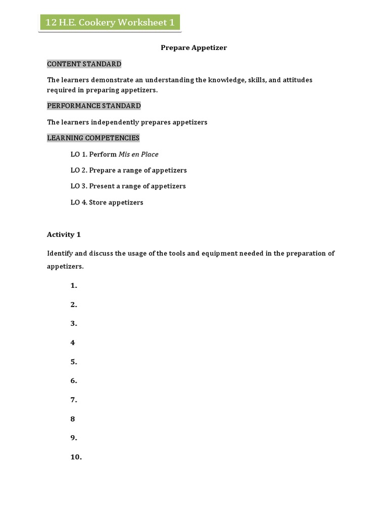 12 H.E. Cookery Worksheet 1: Prepare Appetizer | PDF | Hors D'oeuvre ...