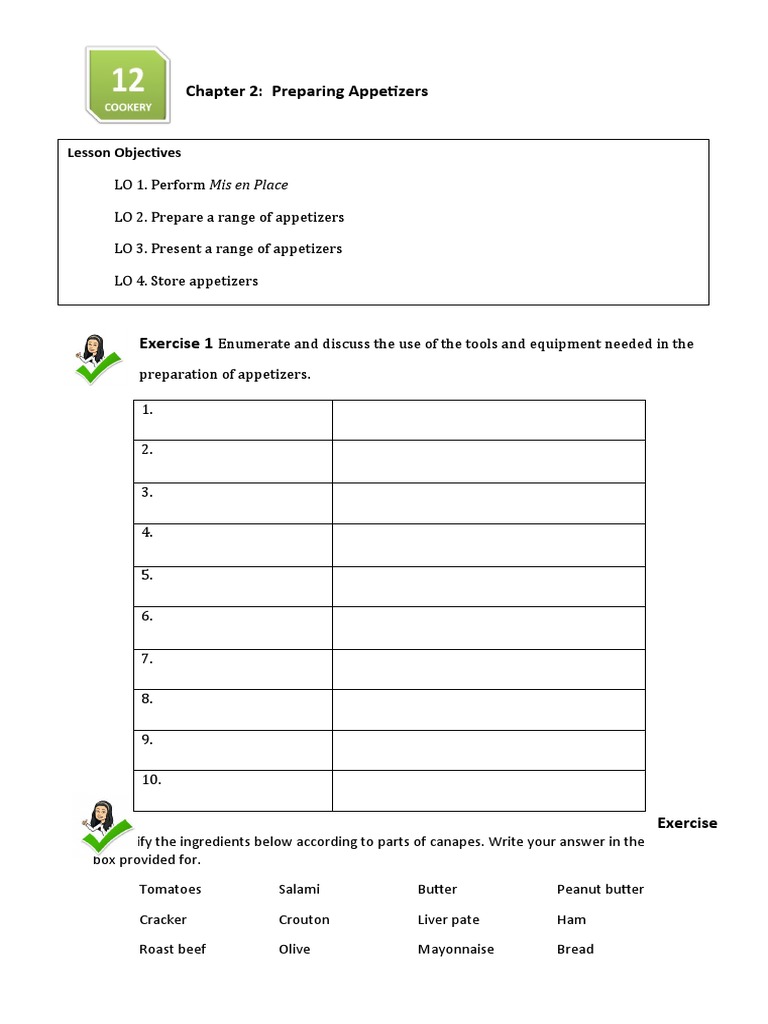 COOKERY Chapter2 Worksheet | PDF | Hors D'oeuvre | Eating Behaviors Of Humans