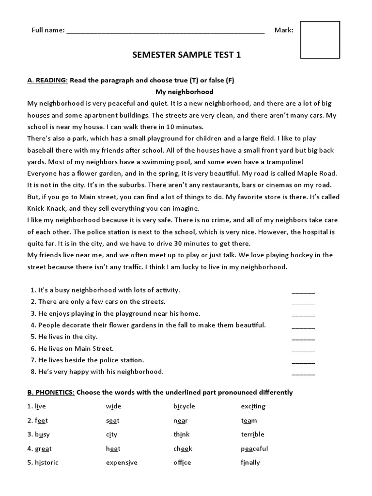 Semester Sample Test 1: A. READING: Read The Paragraph and Choose True ...