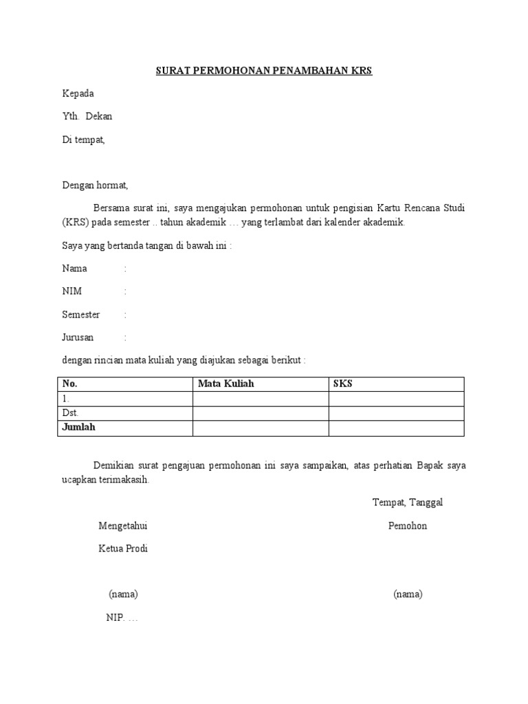 Contoh Surat Permohonan Penambahan Krs | PDF
