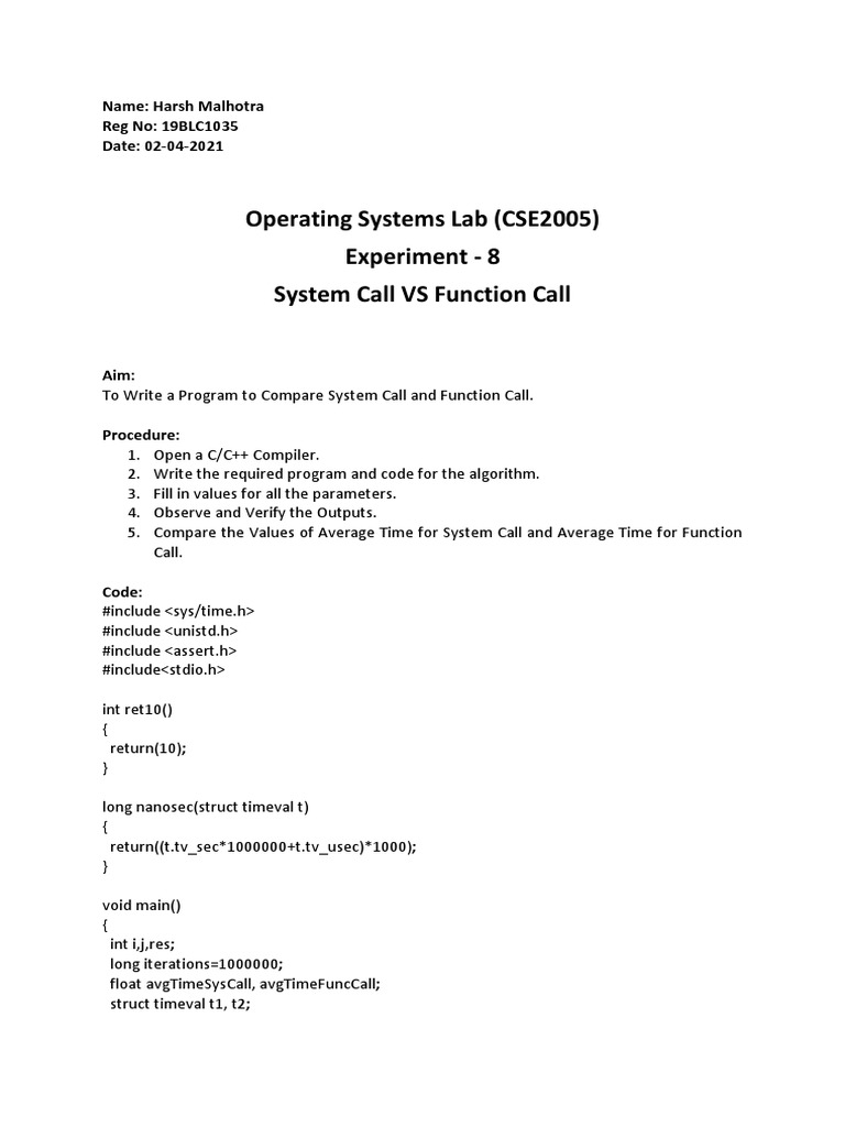 Operating Systems Lab (CSE2005) Experiment - 8 System Call VS Function Call | PDF