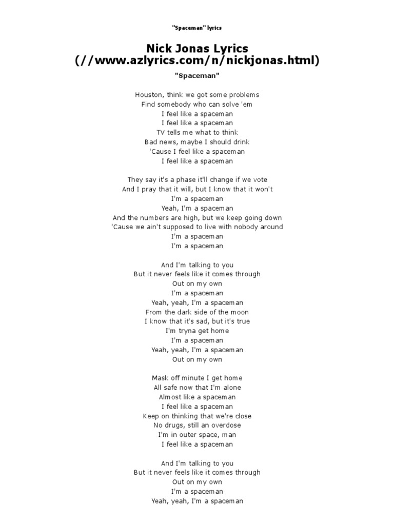 Nick Jonas - Spaceman Lyrics | PDF
