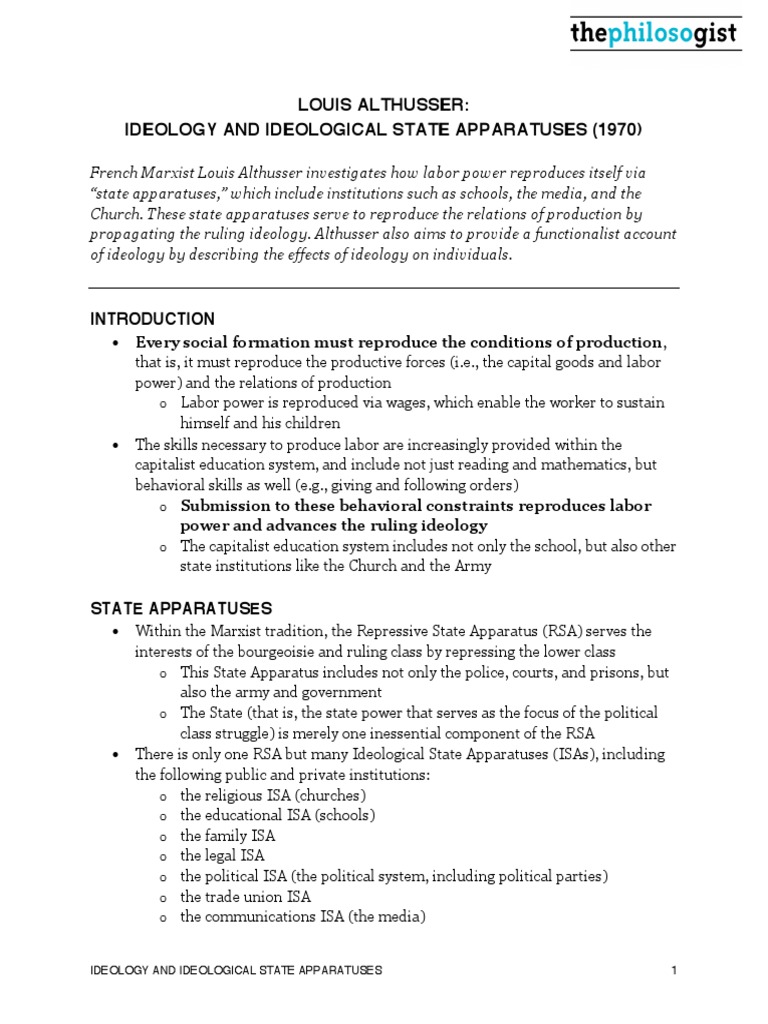 Louis Althusser: Ideology and Ideological State Apparatuses (1970 ...