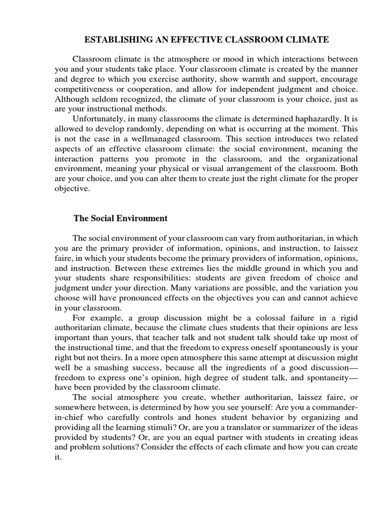 Establishing An Effective Classroom Climate | PDF | Classroom ...