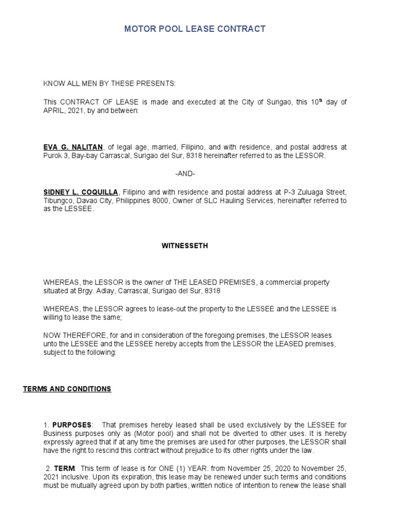 Motor Pool Lease Contract | PDF