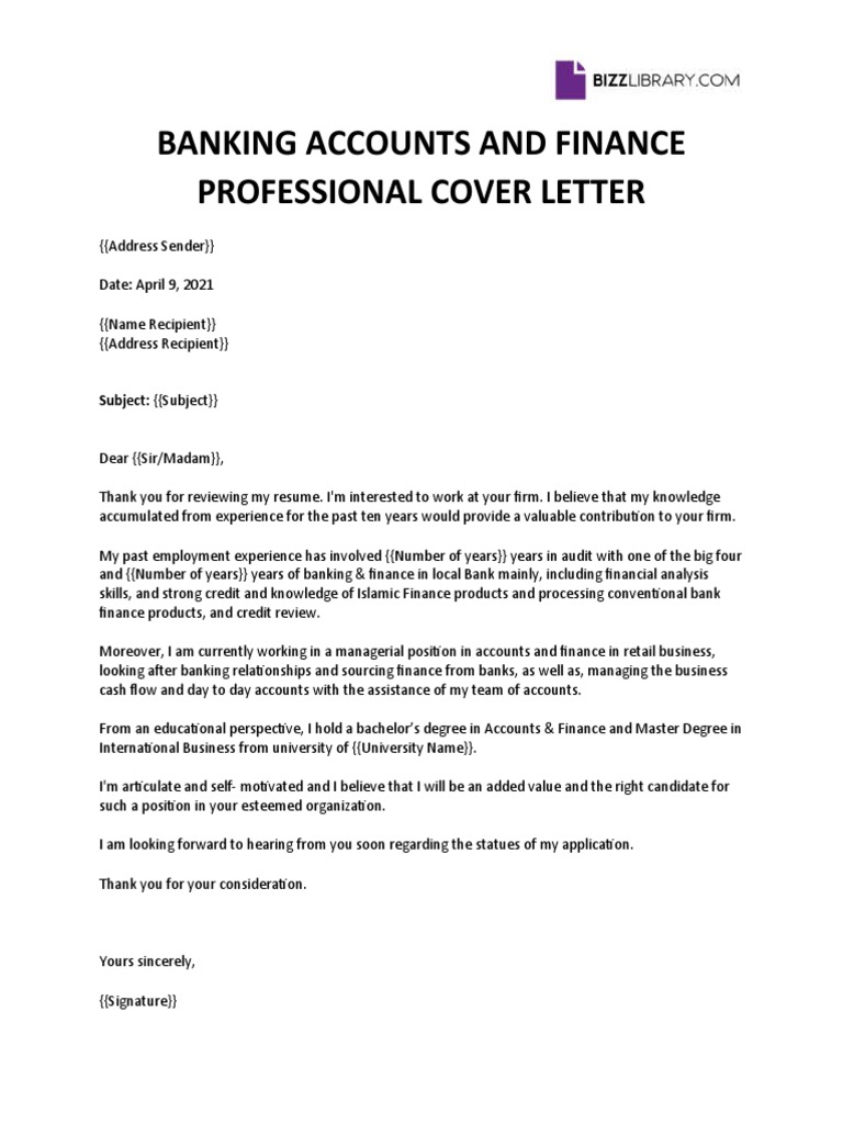 Banking Accounts and Finance Professional Cover Letter | PDF