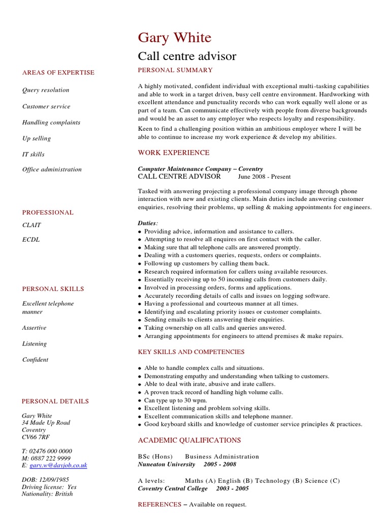 Call Centre CV Template | PDF | Call Centre | Communication