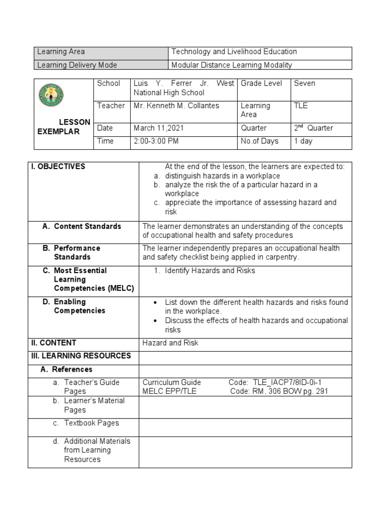 Grade 7 TLE Lesson on Hazards and Risks | PDF | Occupational Safety And ...